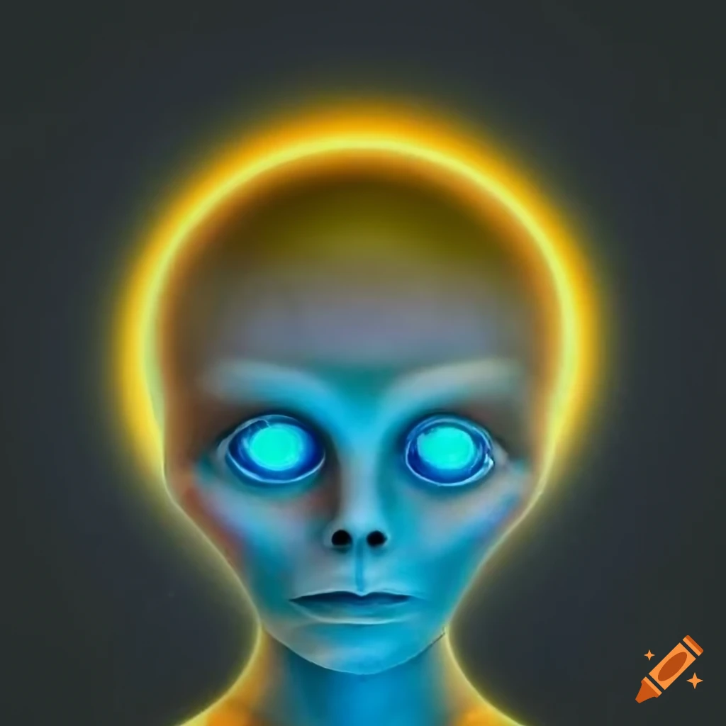 Mutated psychic human-alien symbiotic organism with glowing blue eyes ...