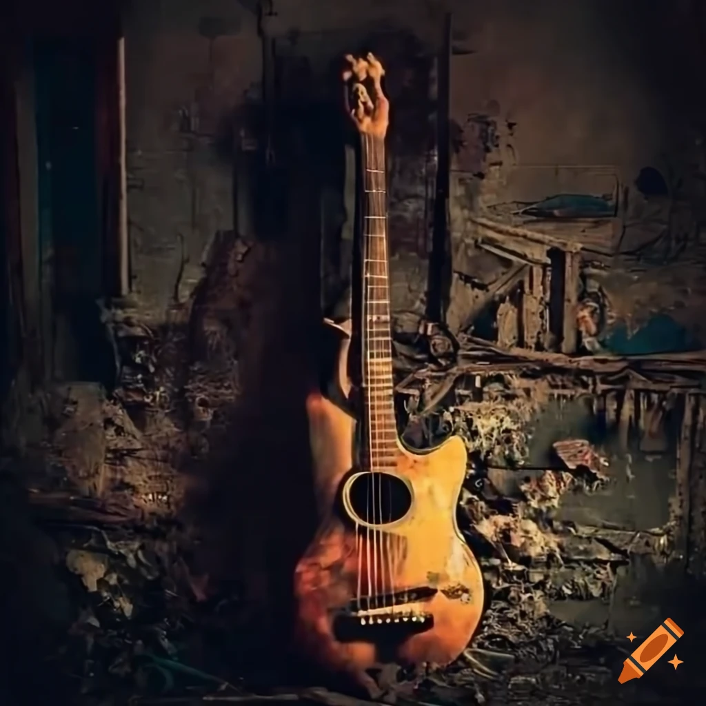 Old guitar inside a post-apocalyptic bunker