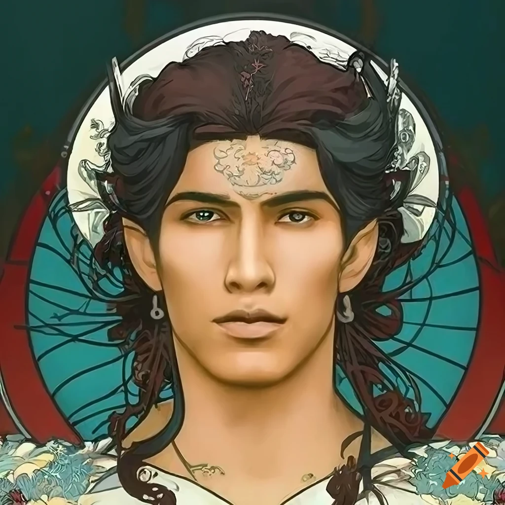 Alphonse mucha inspired poster of an indian male elven hero with wavy ...