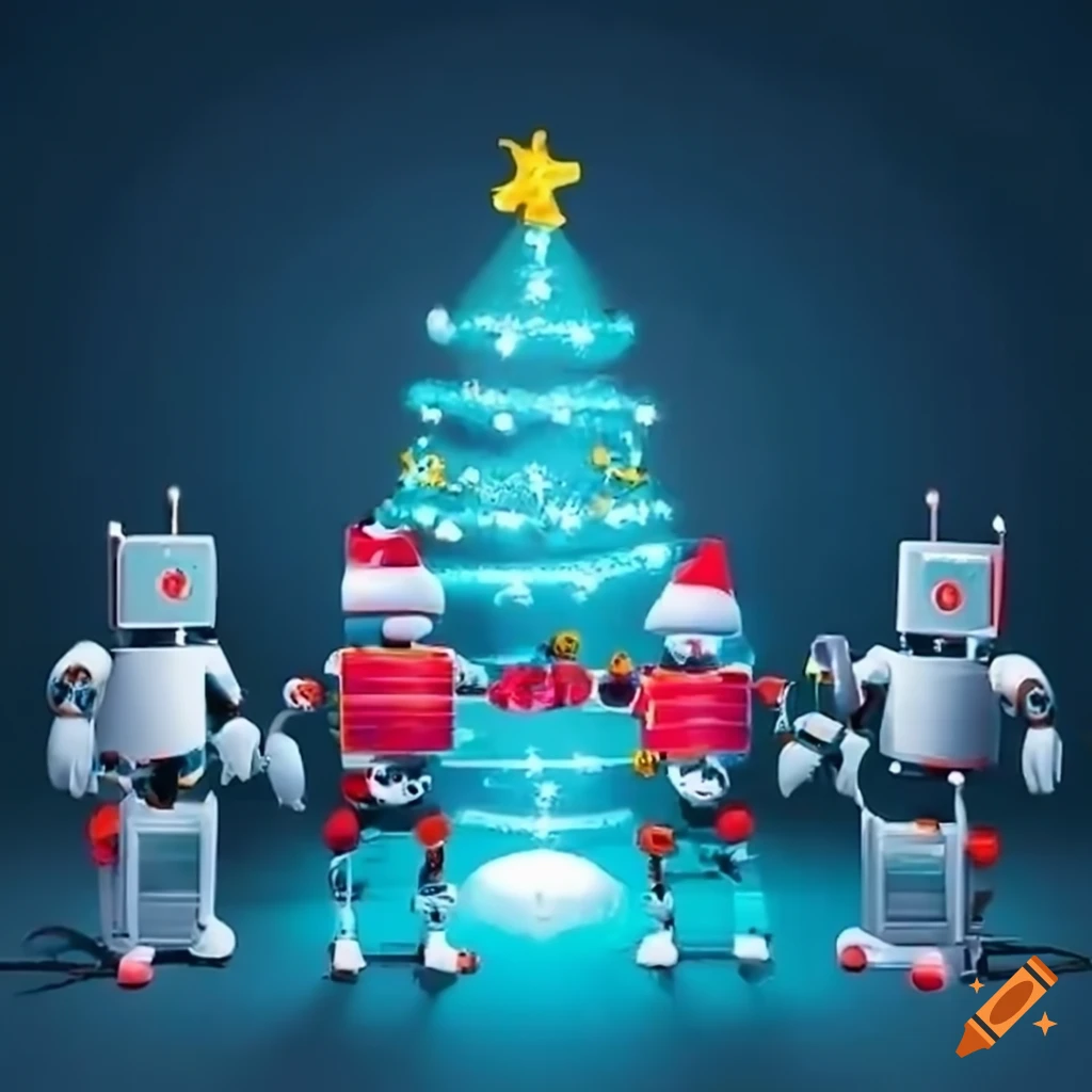 Festive group of robot developers automating holiday tasks on Craiyon