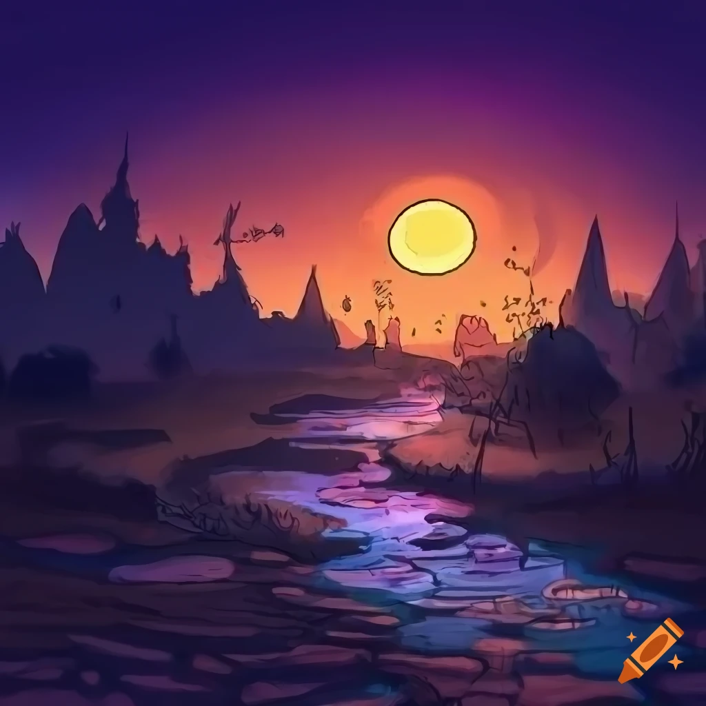 Colorful fantasy market in a huge dry and muddy ditch at night, in ...