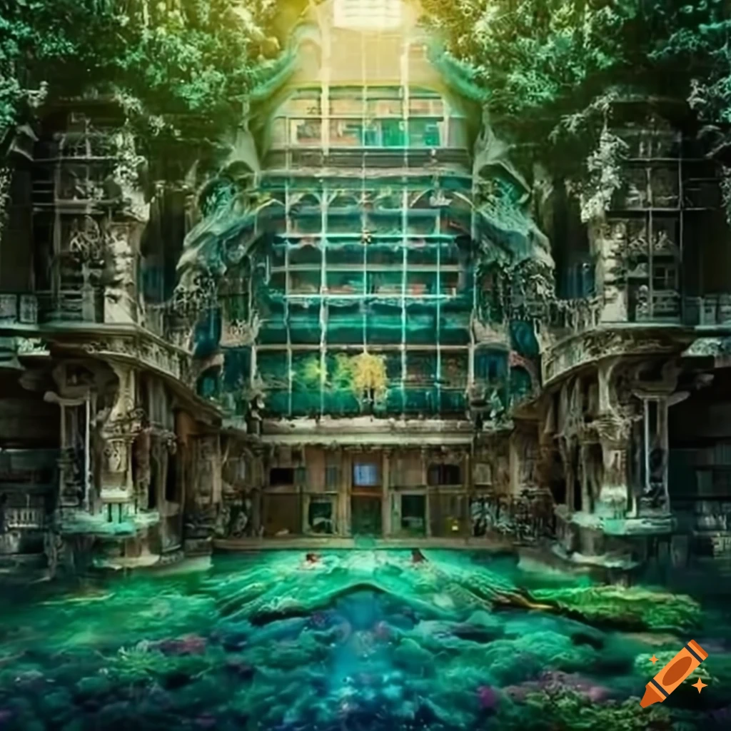 Gigantic ancient library building in a bright enchanted forest ...