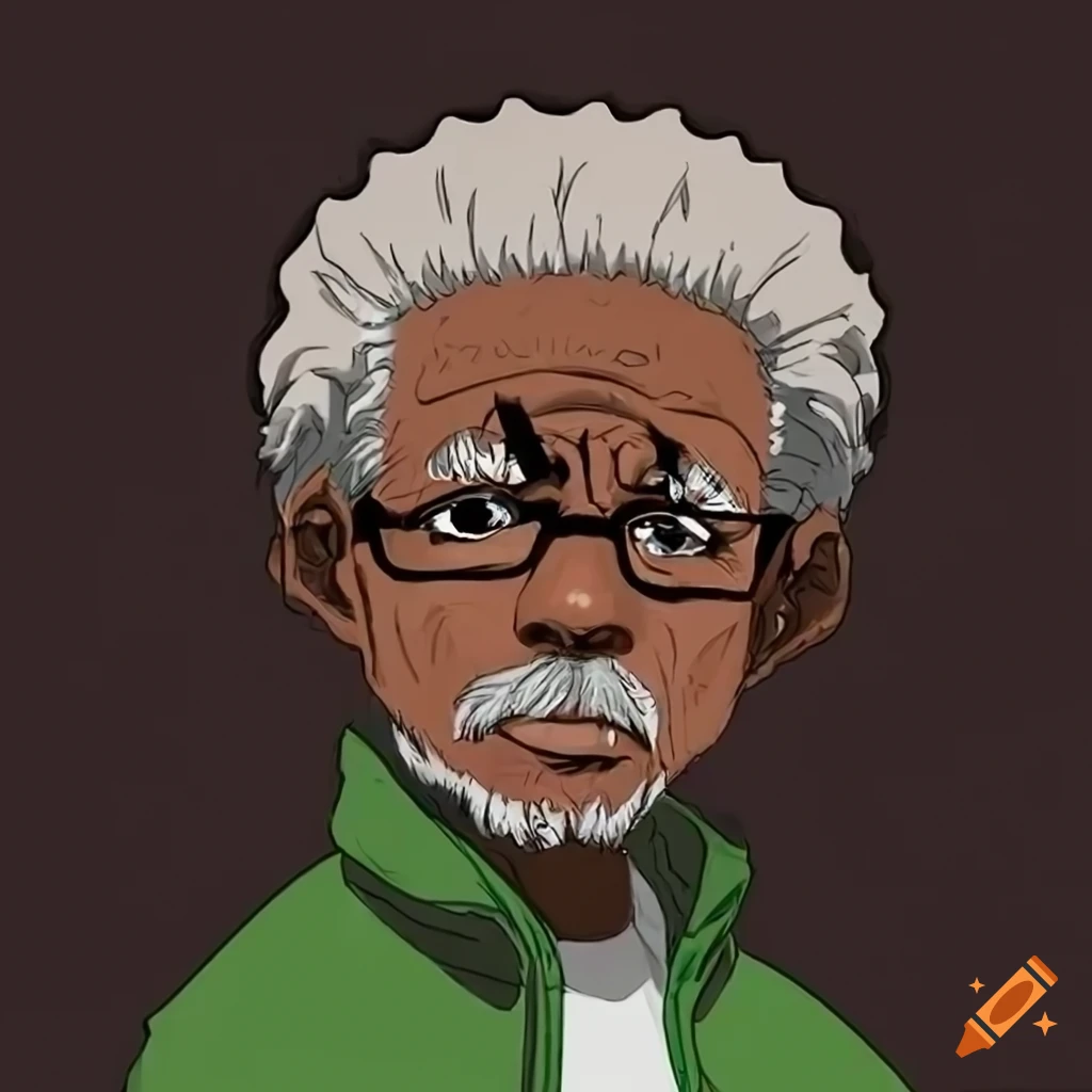 Senior man with glasses in a puffer jacket with boondocks style on Craiyon