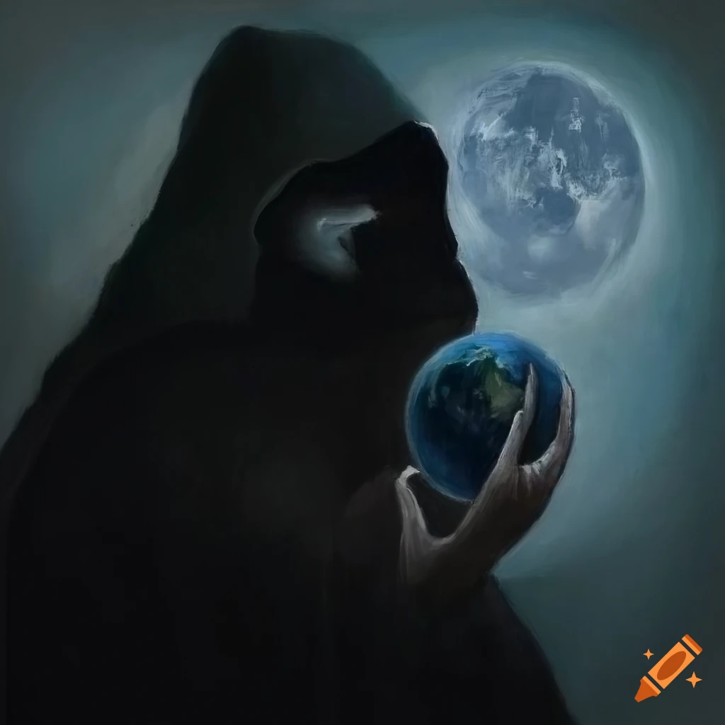 Mysterious cloaked figure on the moon watching Earth in an oil painting ...
