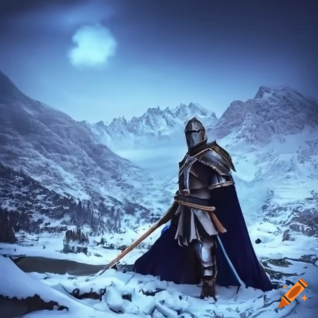 Knight in a snowy mountain landscape on Craiyon
