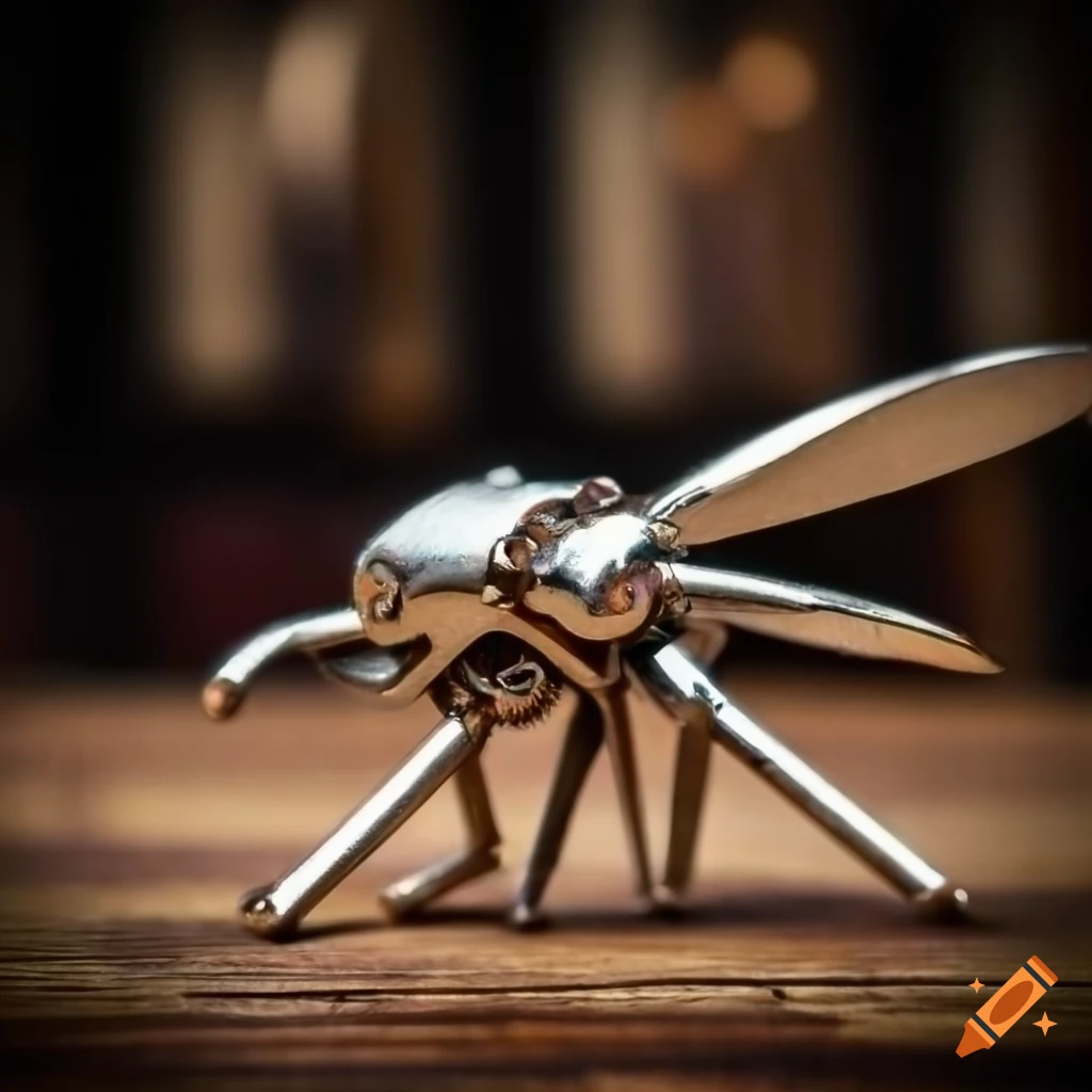 Chrome mechanical steampunk insect on a wooden table with shallow depth ...