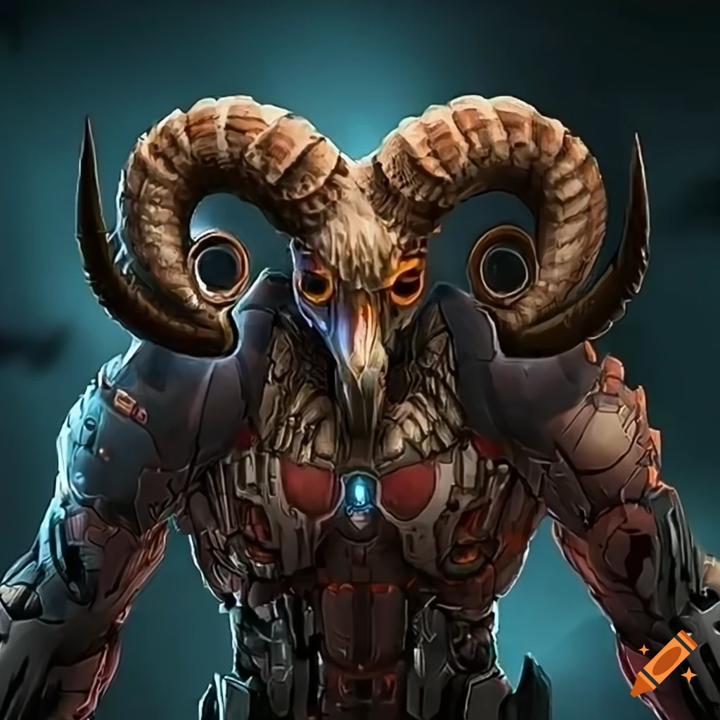 Cyborg hawk with ram horns