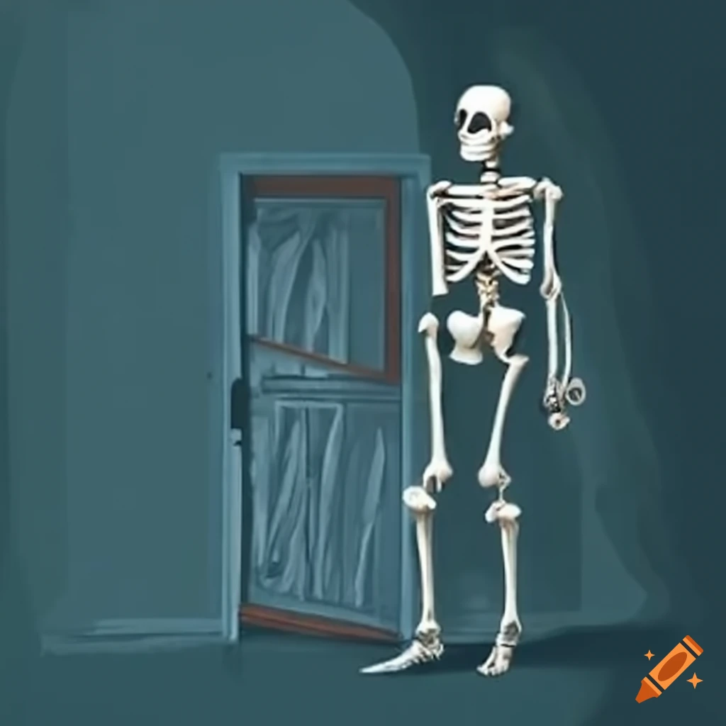 Tall skeleton climbing through a doorframe on Craiyon