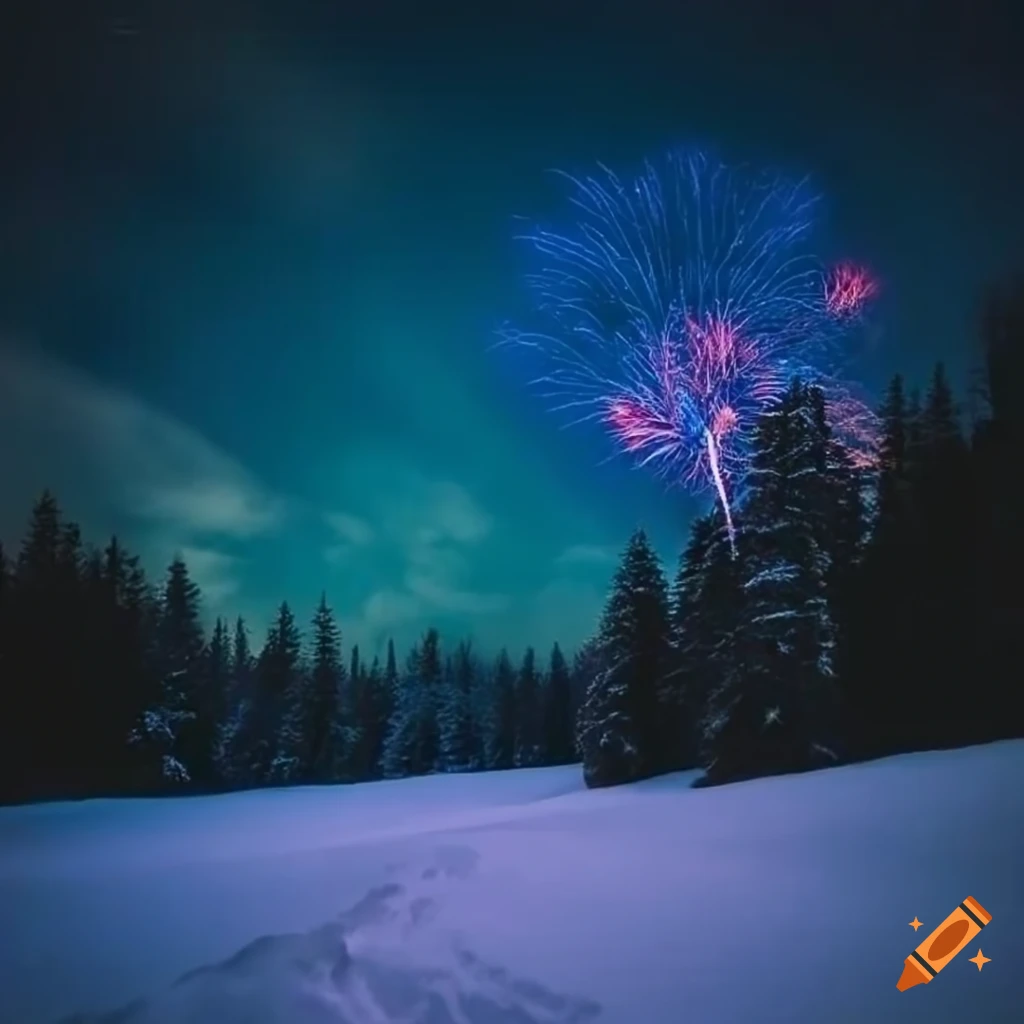 Colorful fireworks display over a snowy forest on a starry night on Craiyon