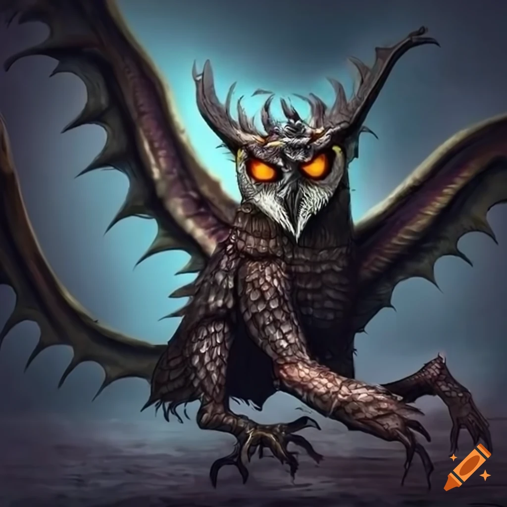Scary dragon with owl head in a fantasy setting