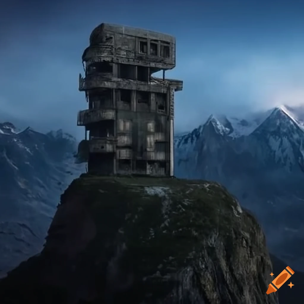 Post-apocalyptic radar bunker tower on a tall mountain on Craiyon