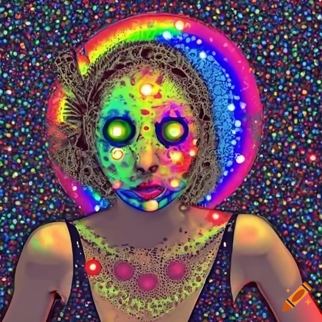 Psychedelic entity woman with four eyes, antennas with glowing rainbow ...