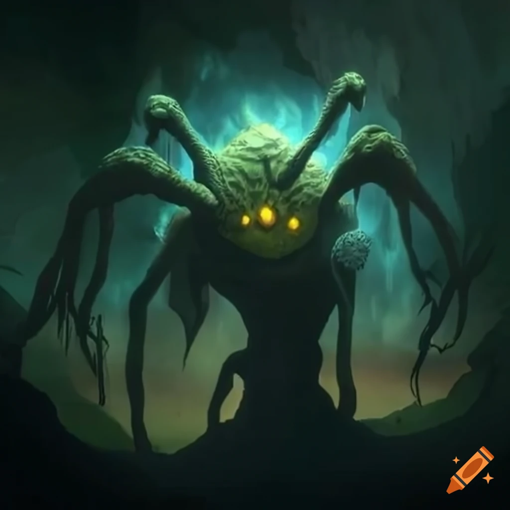 Insectoid rock monster with a single big yellow eye in a cave setting ...