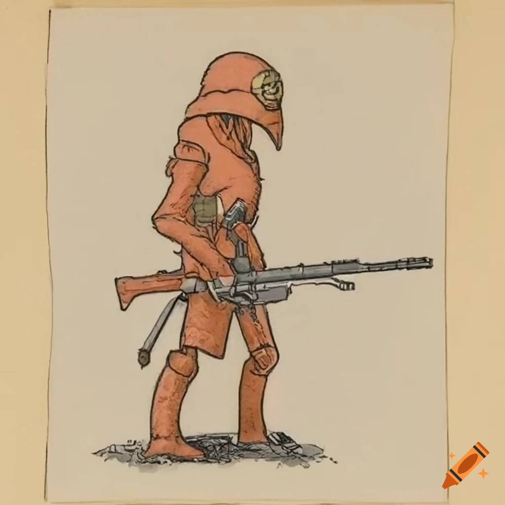 Colored ink drawing by Hayao Miyazaki of a martian man with sword and ...