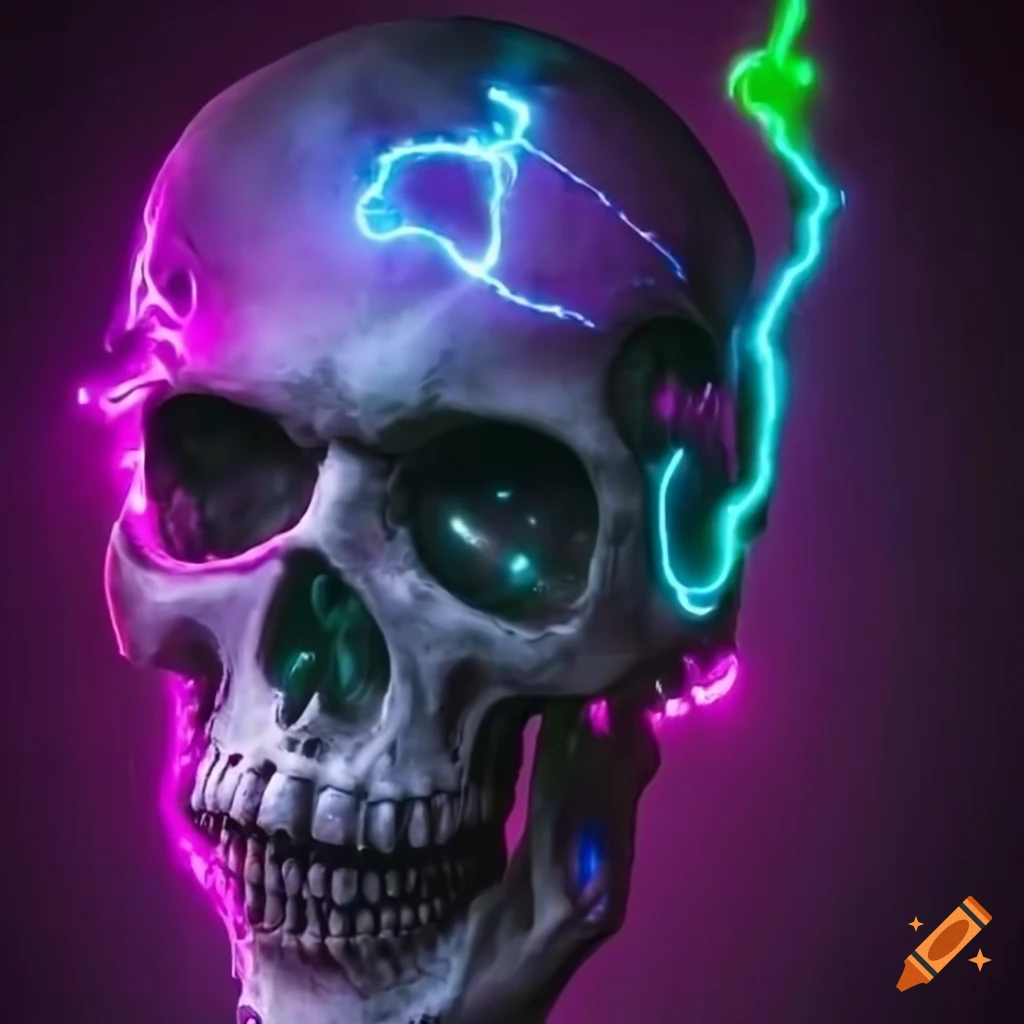 Skull with glowing eyes and electric purple lights in the background