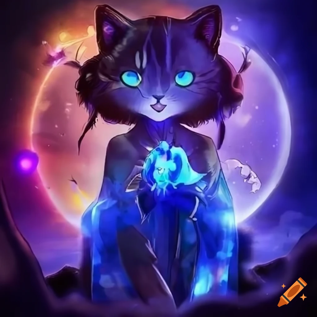 Anime depiction of a god cat with butterfly, fire, and crystal elements ...