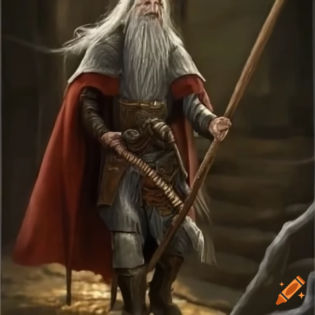 Old wizard with grey hair and staff in Middle-earth on Craiyon
