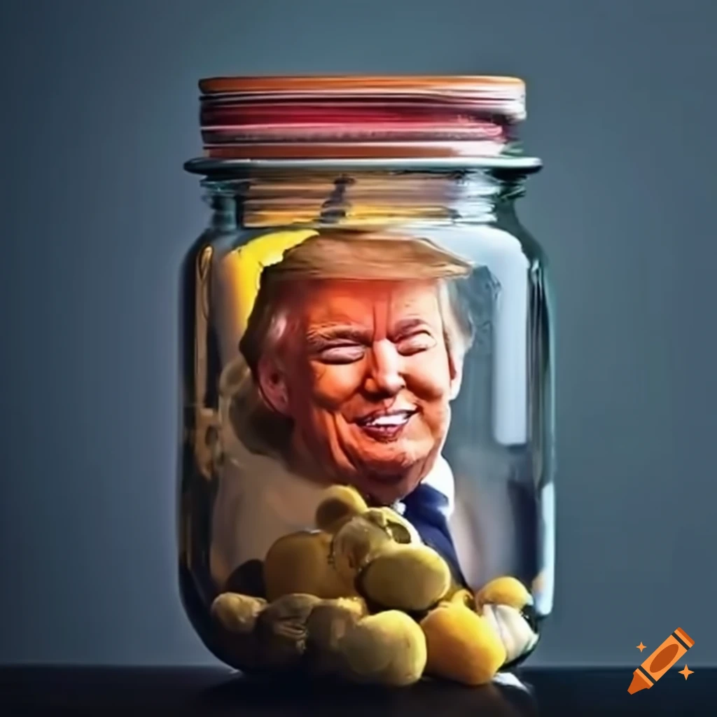 Satirical depiction of trump in a glass jar
