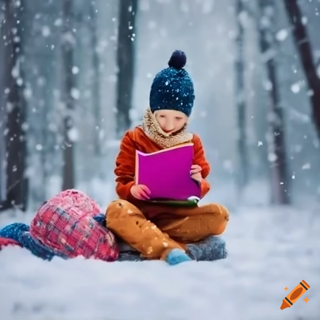Children with hats reading books in the snow on Craiyon