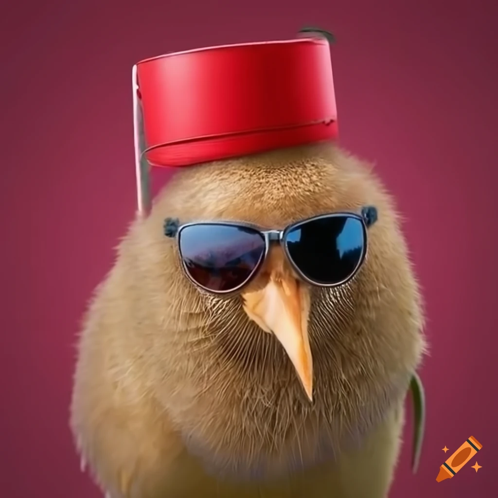 Kiwi bird wearing fez and sunglasses on red background on Craiyon