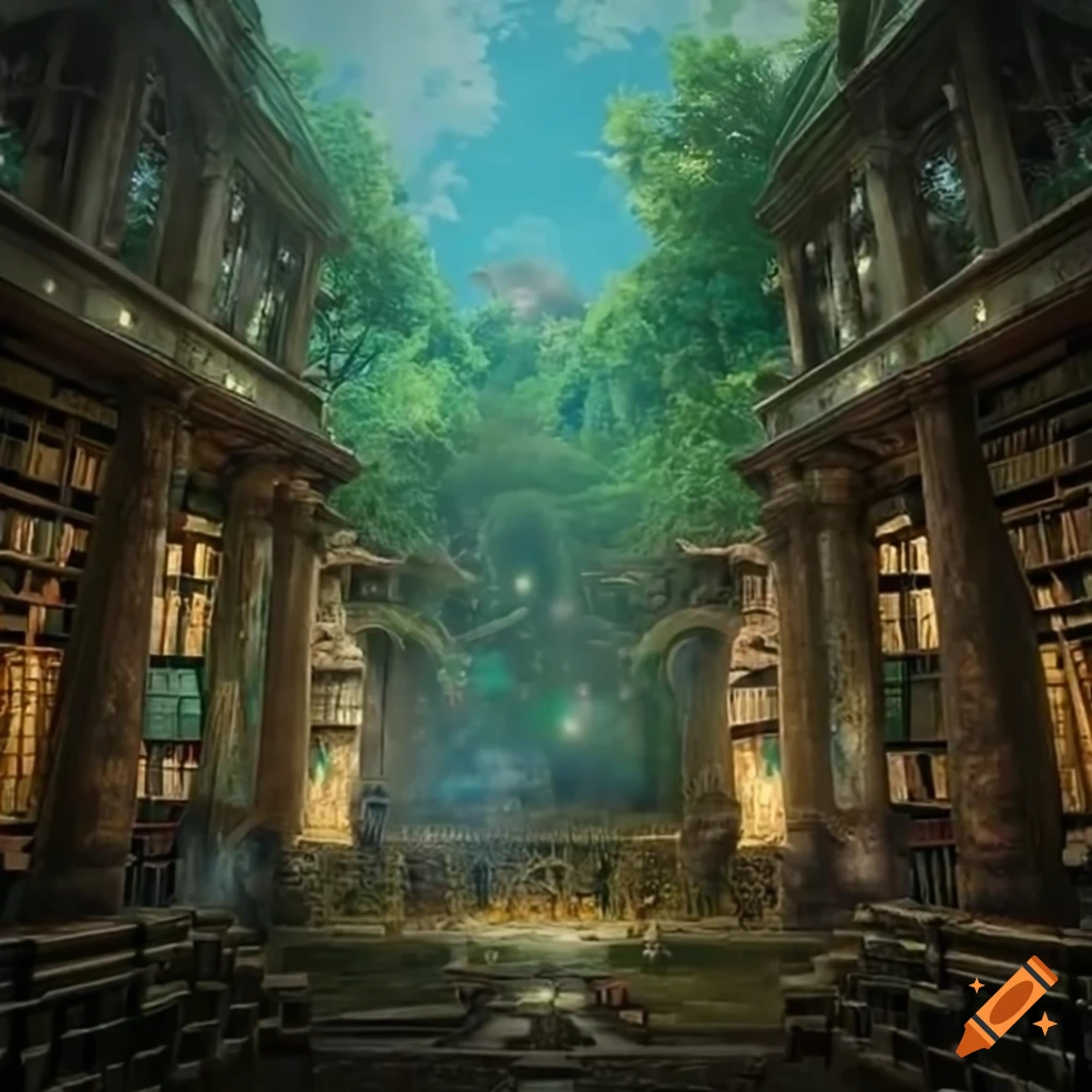 Gigantic ancient library in the middle of a bright enchanted forest ...