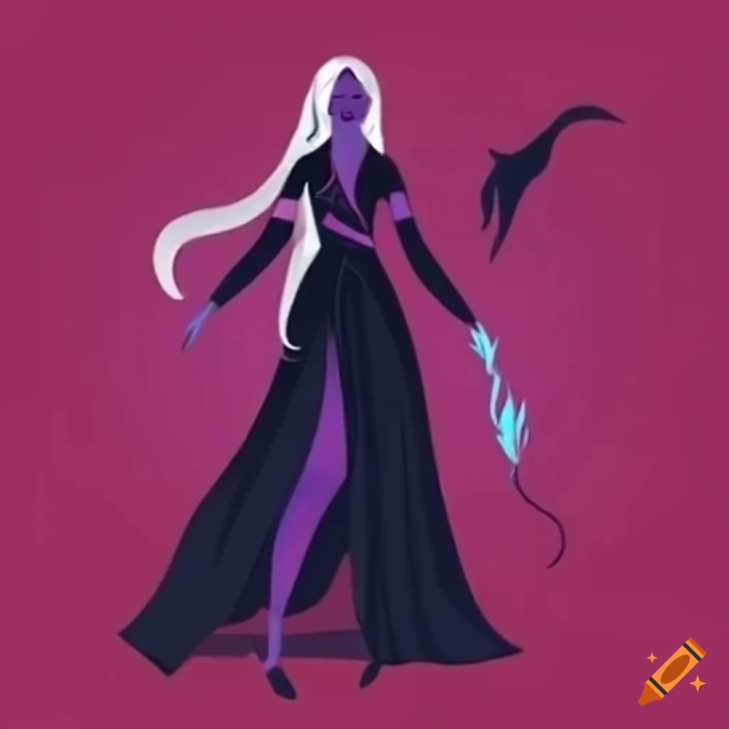 Asian female purple drow with long white hair and elf ears in a dark red dress and black hooded ...