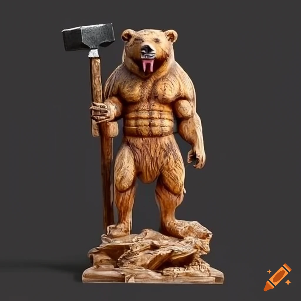 Wooden statue of a god bear holding a massive hammer on Craiyon
