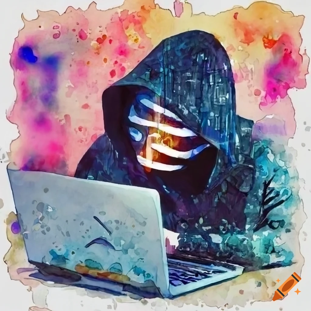 Watercolor painting of a hacker with a laptop and secure system on Craiyon