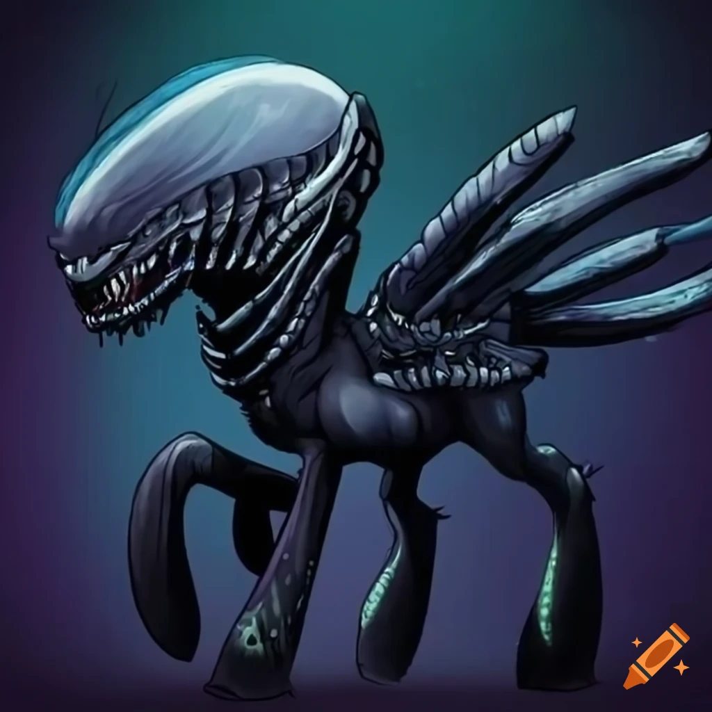Cartoon pony dressed as a xenomorph from the movie alien on Craiyon