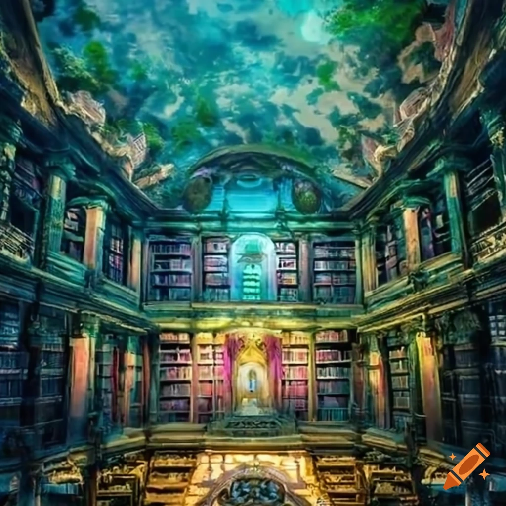 Gigantic ancient library building in a bright enchanted forest ...