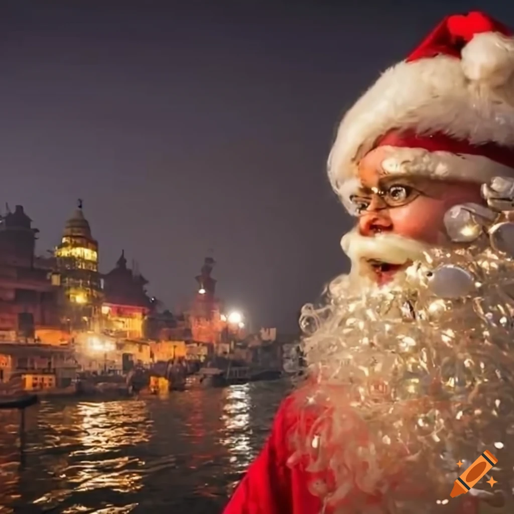 Santa Claus on a riverboat at Varanasi Ghats, India on Craiyon