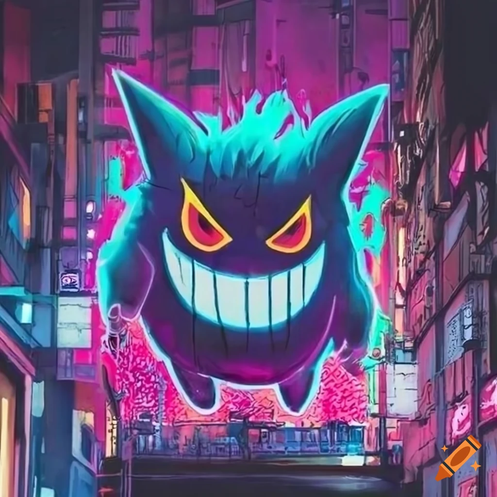 Gengar graffiti in neon urban city with Japanese Manga style on Craiyon