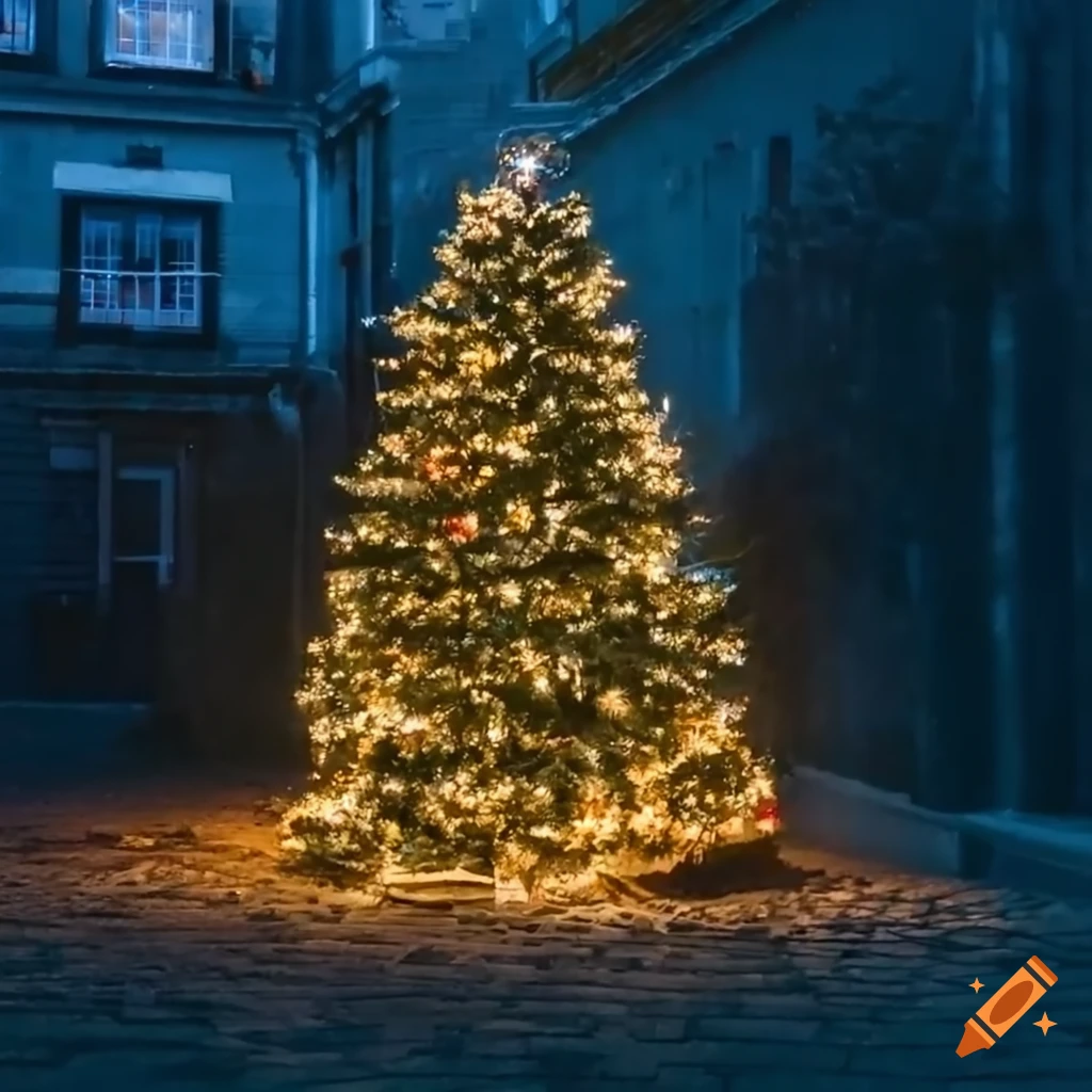 Christmas tree in an alley decorated with christmas lights on Craiyon