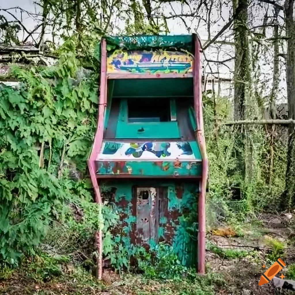 Abandoned retro arcade machine with overgrown vines and moss in a post ...