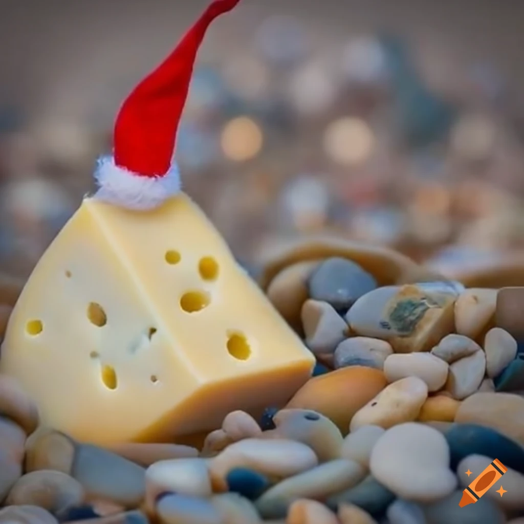 Cheese wearing a christmas hat on a pebble beach on Craiyon