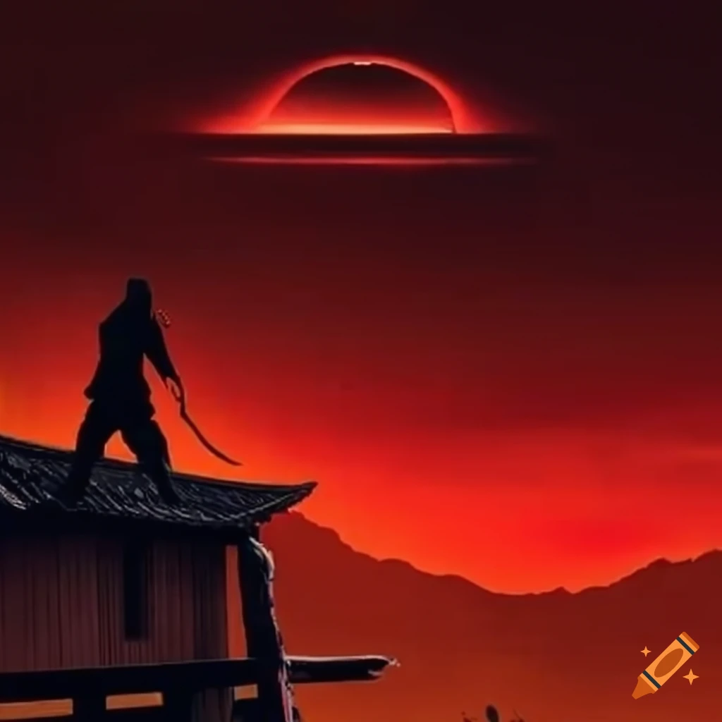 Ninja on a japanese roof under a red sky