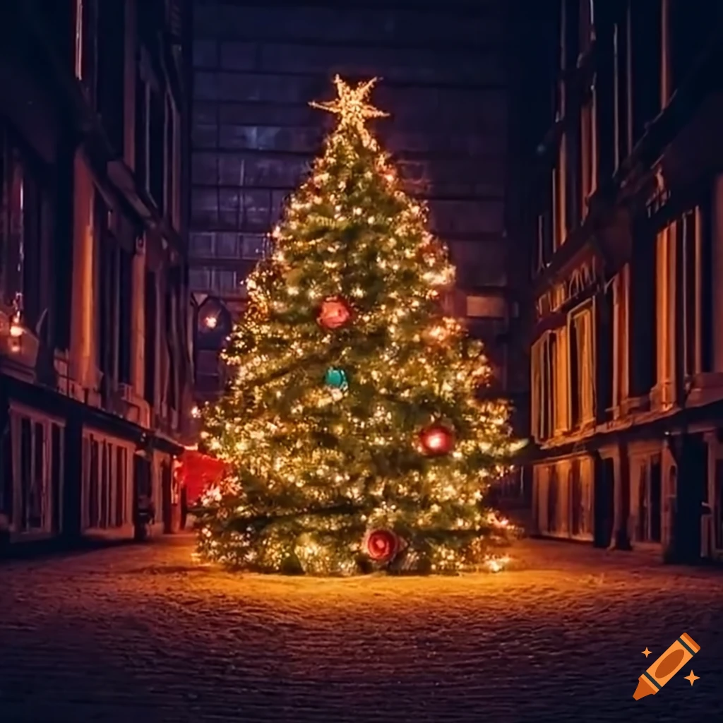 Christmas tree in an alley decorated with Christmas lights on Craiyon