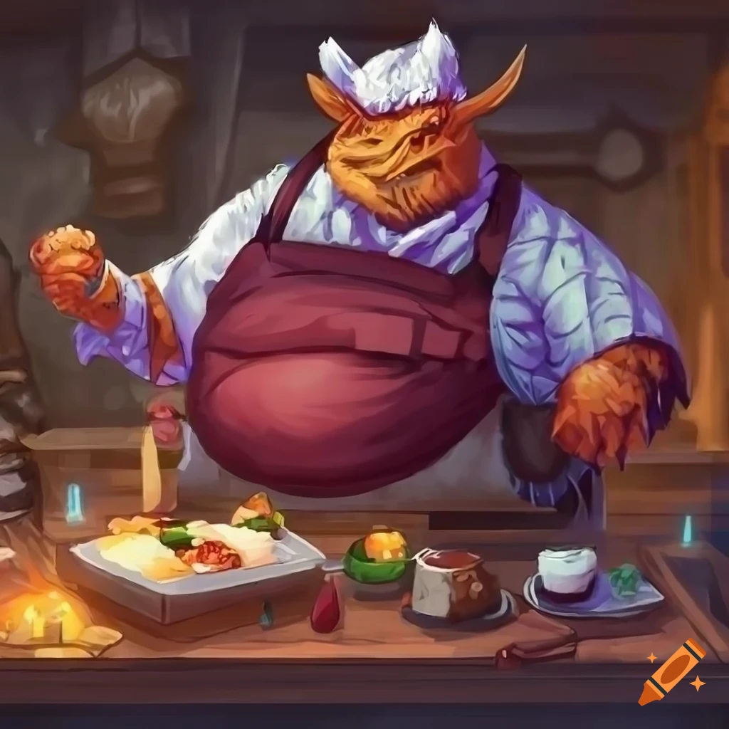 Friendly male dragonborn chef slicing food in a fantasy tavern on Craiyon