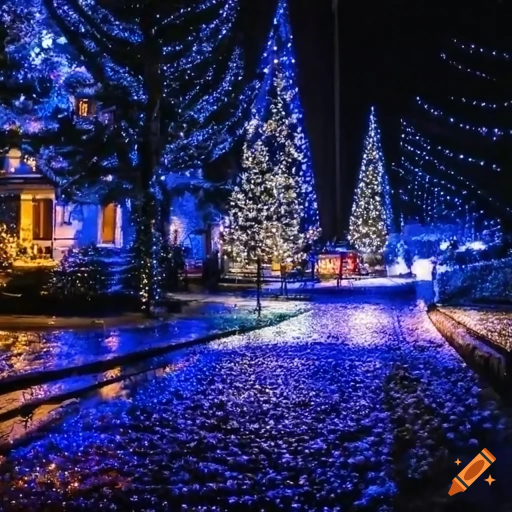 Christmas tree in an alley decorated with christmas lights on Craiyon