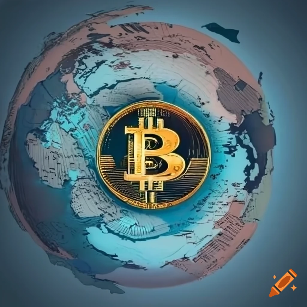 Bitcoin on a world map with oceans and countries