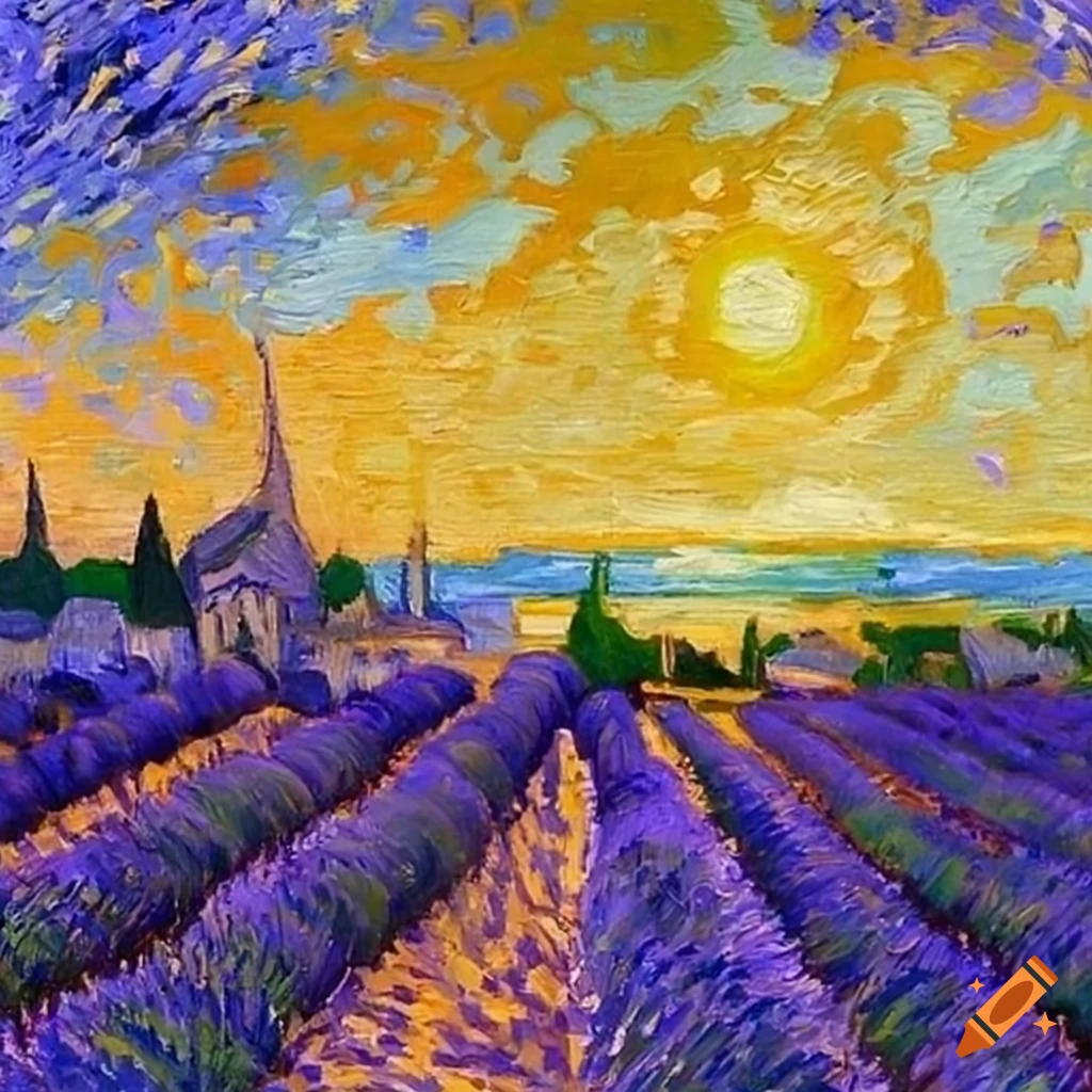 Lavender field during golden hour, painted by Van Gogh on Craiyon
