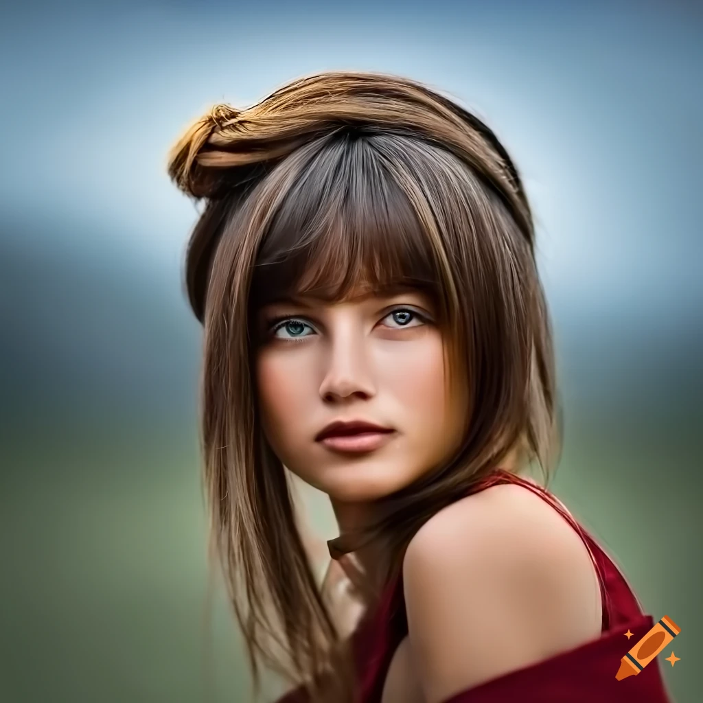 Beautiful woman with bangs and ponytail in a university setting on Craiyon