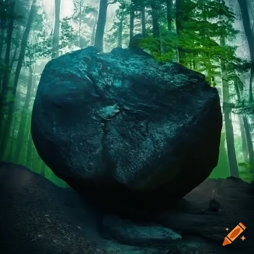Large black magical rock in the middle of an ancient forest with ...