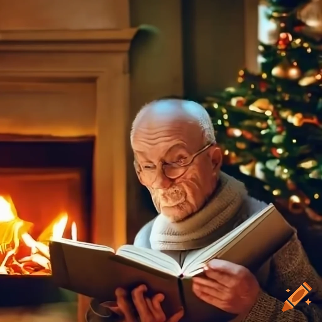 Elderly man reading next to a fireplace and christmas tree on Craiyon