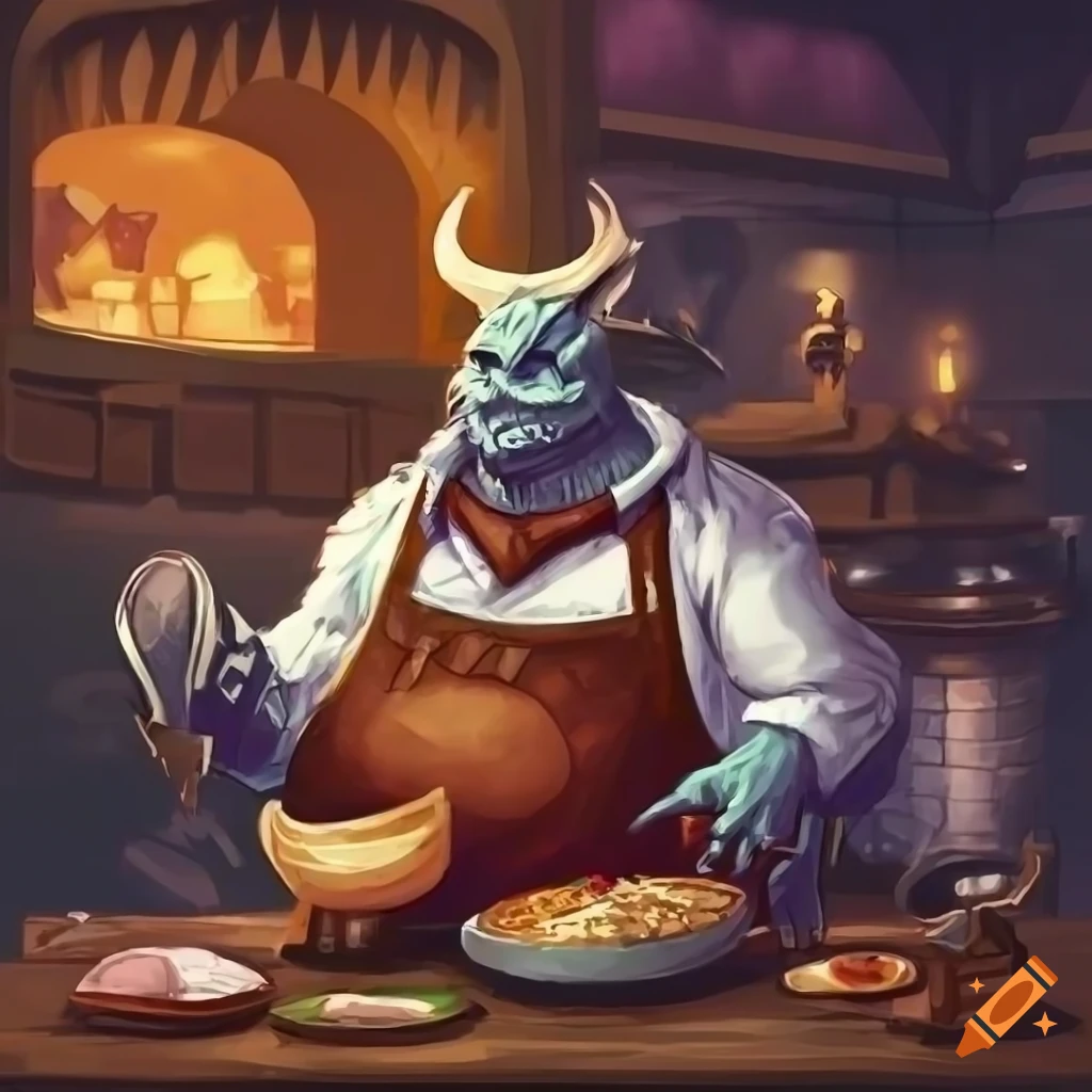 Friendly dragonborn chef slicing food in a fantasy tavern on Craiyon