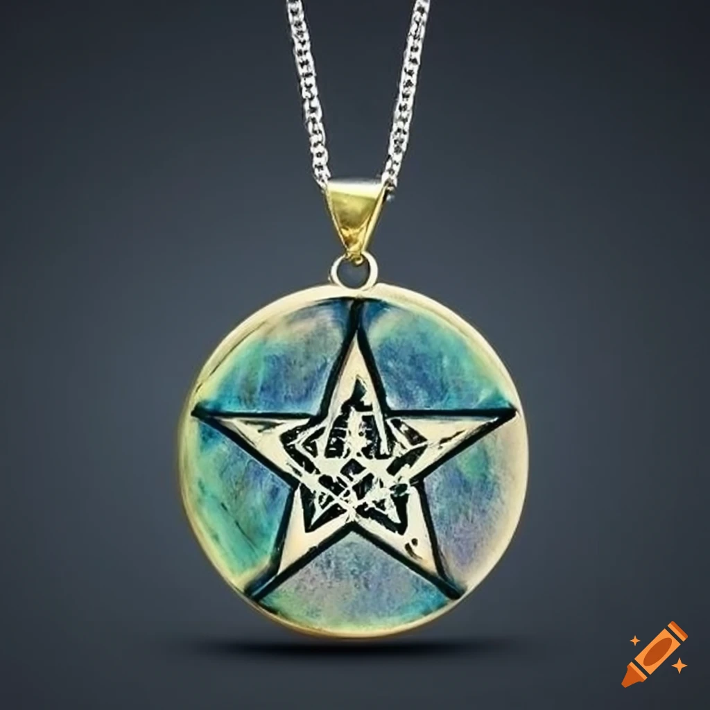 Geometric pendant pentacle with chakra orbs on Craiyon