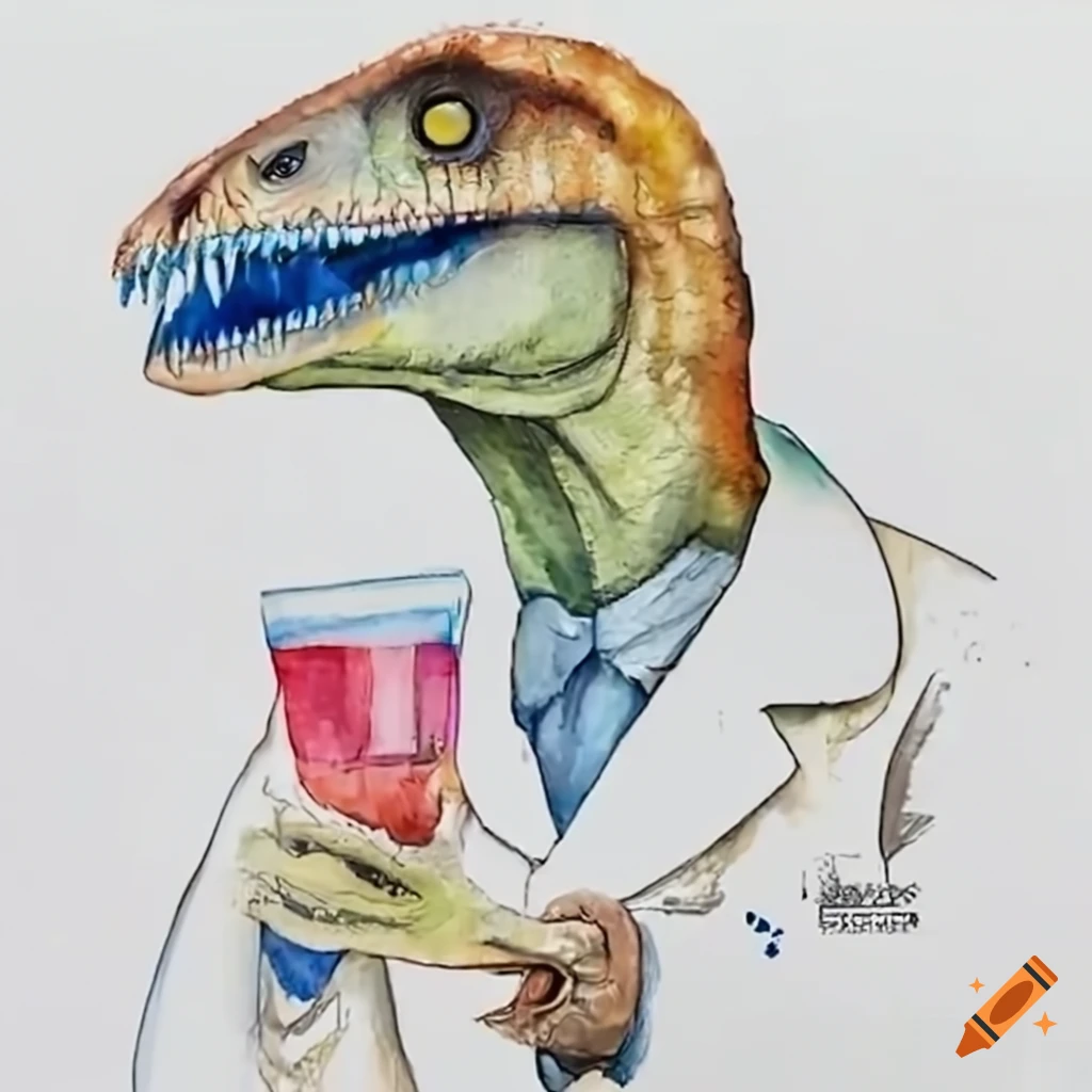 Velociraptor in a lab coat holding blue science beakers on Craiyon