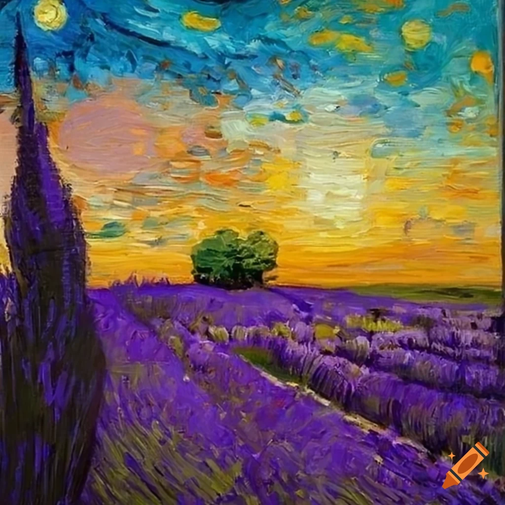 Lavender field during golden hour, painted by van gogh on Craiyon