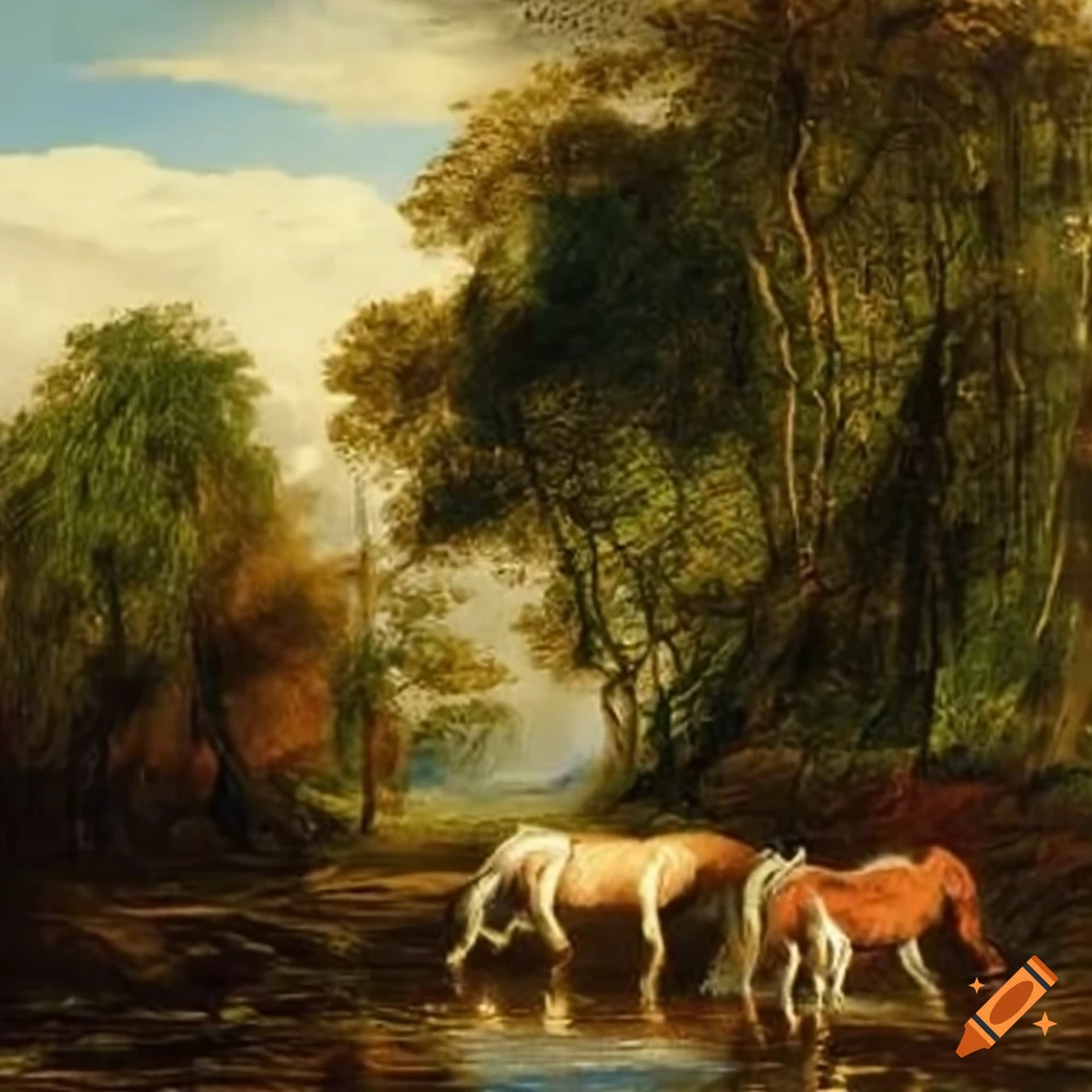 Landscape painting by john constable with horses drinking from a stream ...
