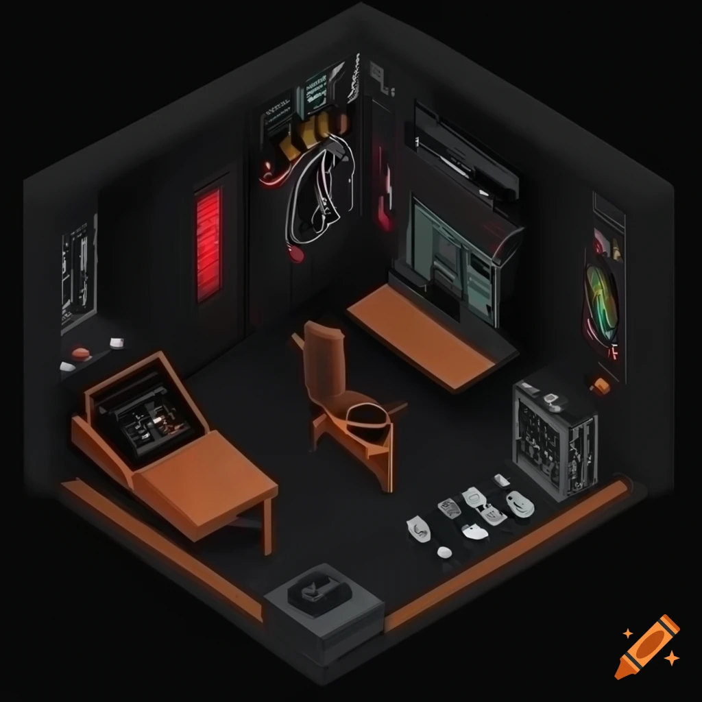 Isometric cozy cube room with arcade, gaming computer, and music studio ...